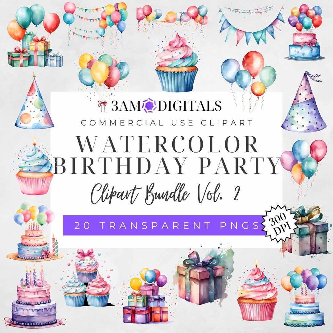Watercolor Birthday Party Clipart Vol. 2 Bundle of 20 Balloons Cake ...