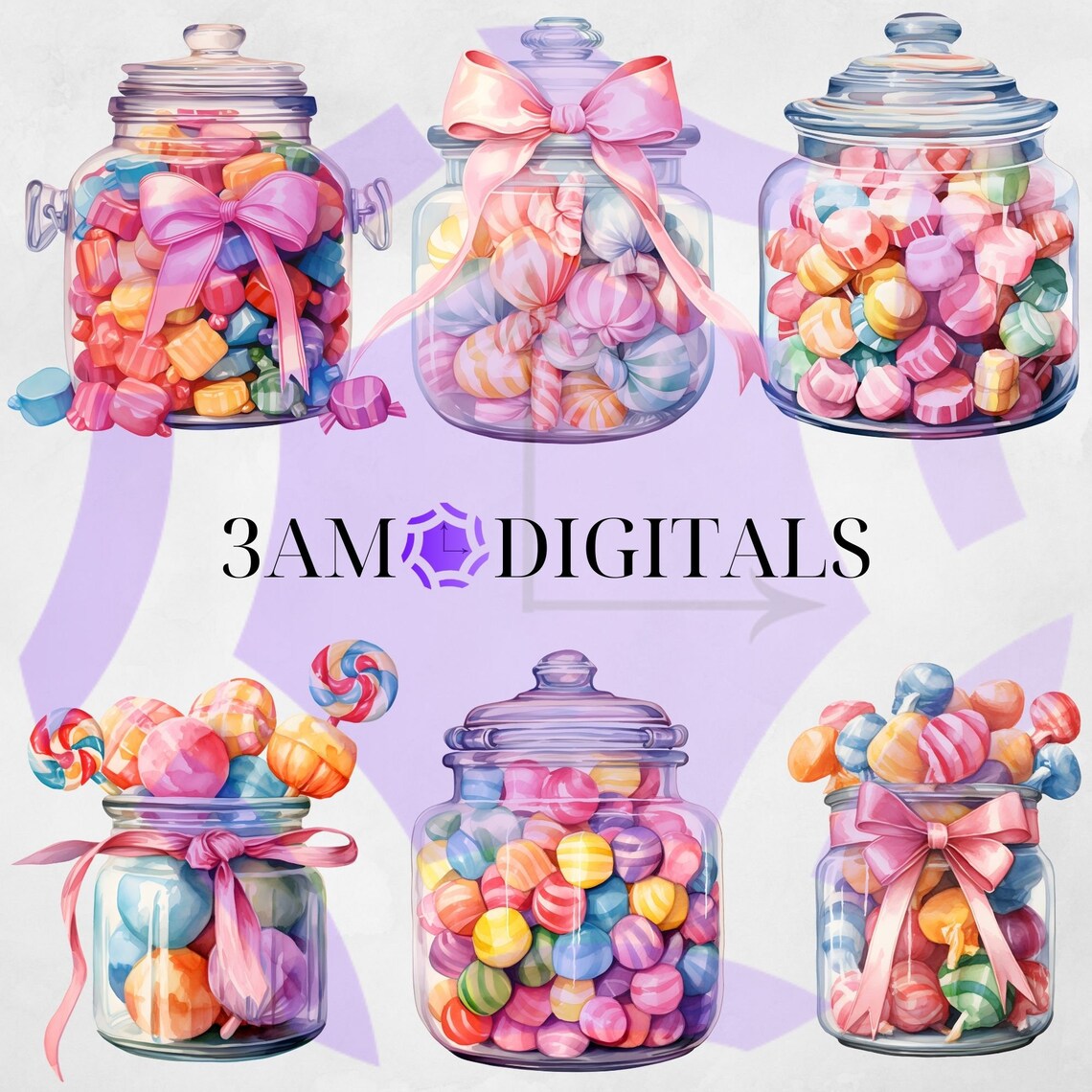 Watercolor Candy Jar of Sweets Clipart Bundle of 36 Transparent ...