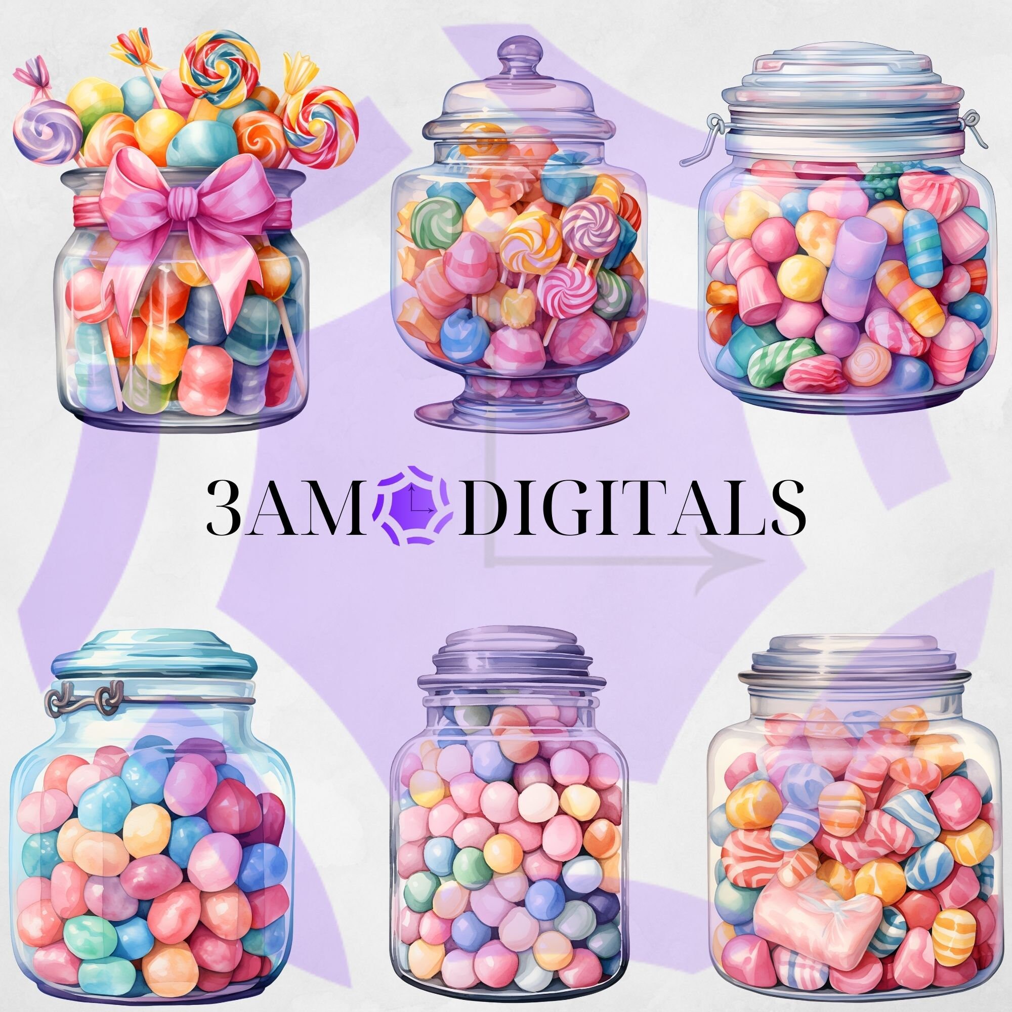 Watercolor Candy Jar of Sweets Clipart Bundle of 36 Transparent ...