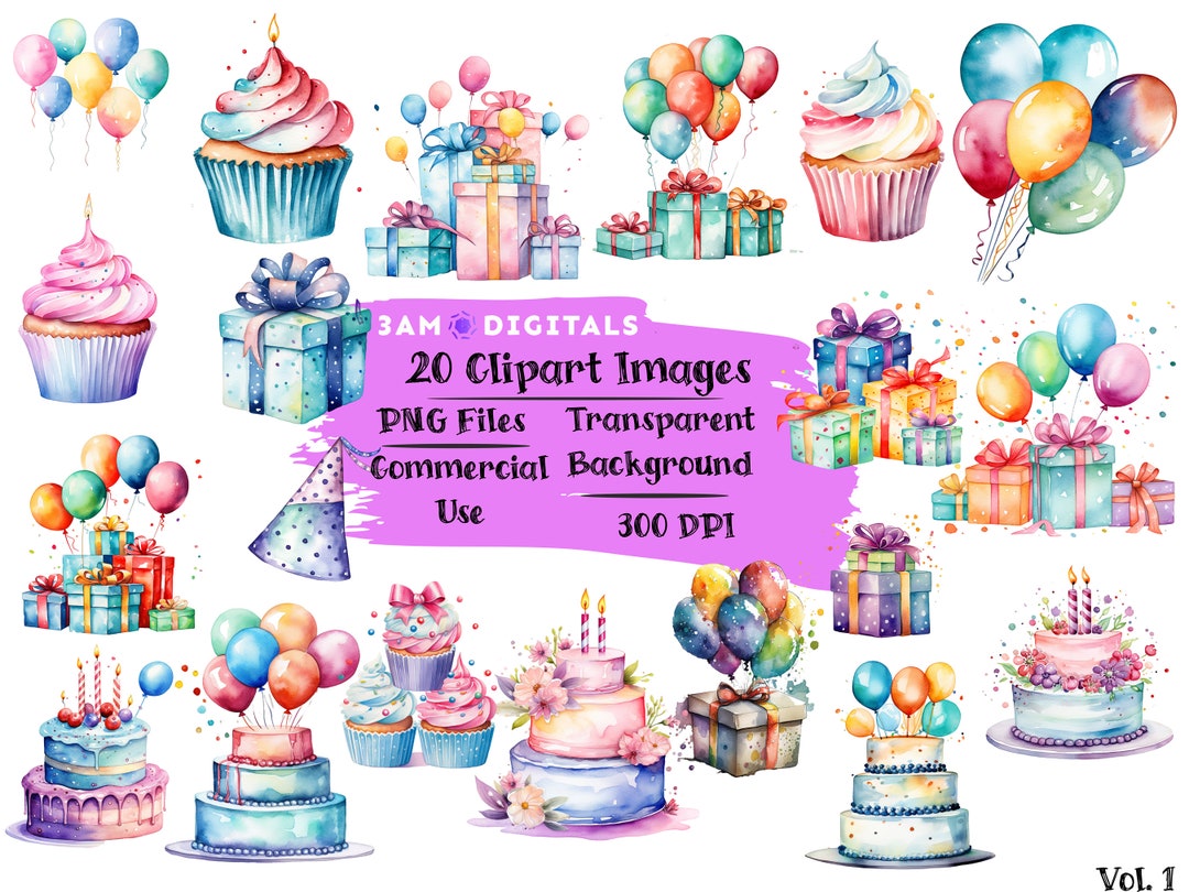 Watercolor Birthday Party Clipart Vol. 1 Bundle of 20 Balloons - Etsy