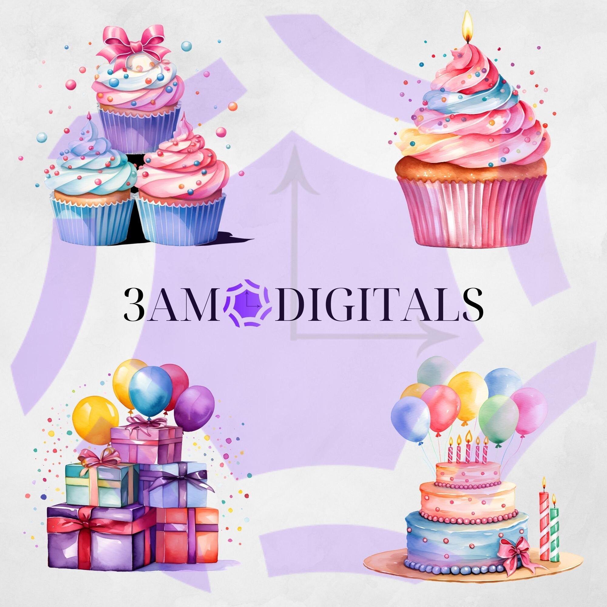 Watercolor Birthday Party Clipart Vol. 2 Bundle of 20 Balloons Cake ...