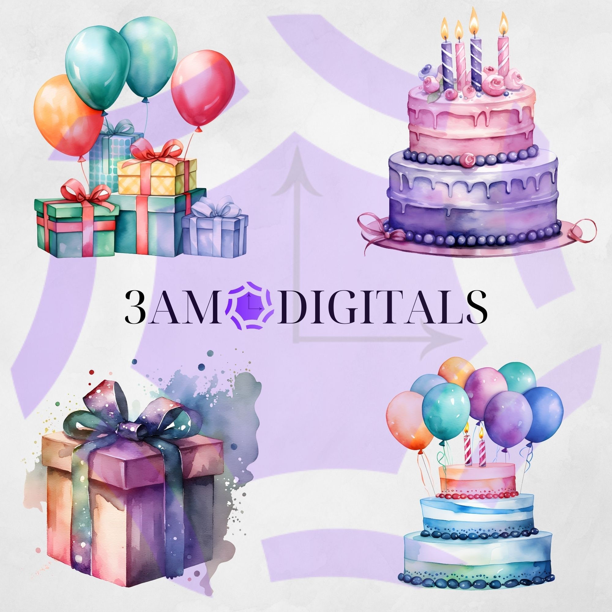 Watercolor Birthday Party Clipart Vol. 2 Bundle of 20 Balloons Cake ...