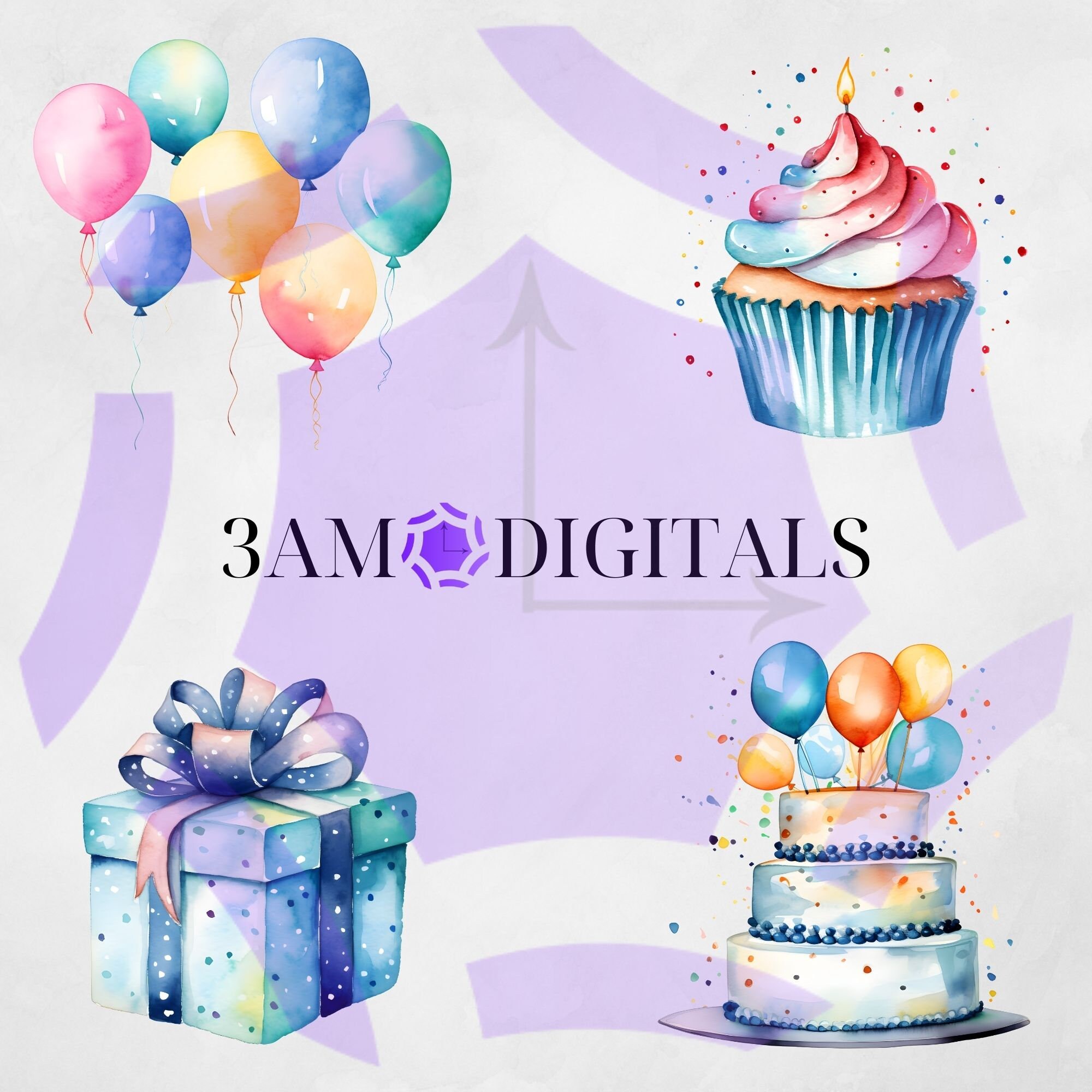 Watercolor Birthday Party Clipart Vol. 1 Bundle of 20 Balloons Cake ...