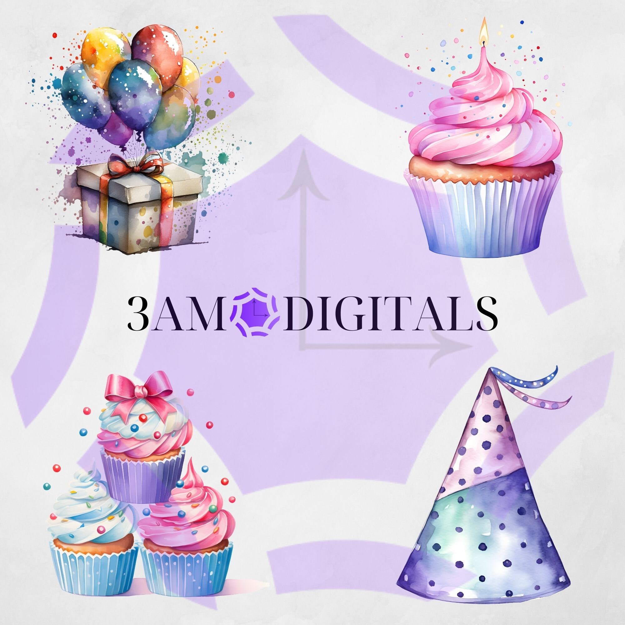 Watercolor Birthday Party Clipart Vol. 1 Bundle of 20 Balloons Cake ...