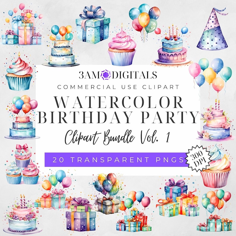 Watercolor Birthday Party Clipart Vol. 1 Bundle of 20 Balloons Cake ...