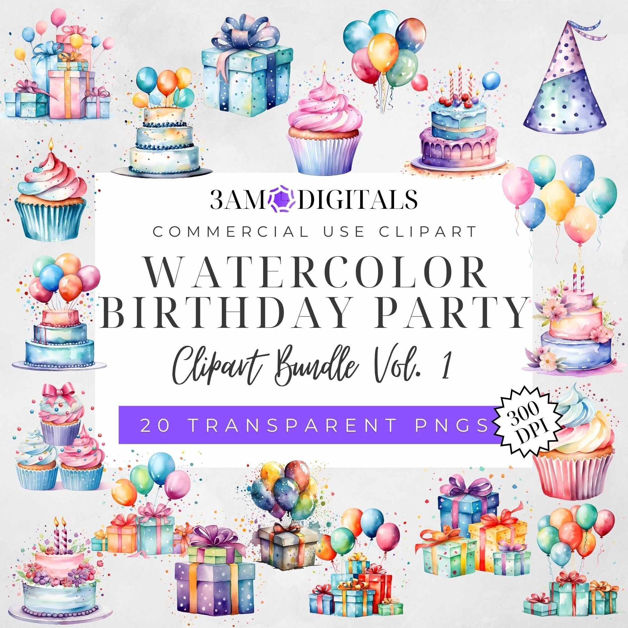 Watercolor Birthday Party Clipart Vol. 1 Bundle of 20 Balloons Cake ...