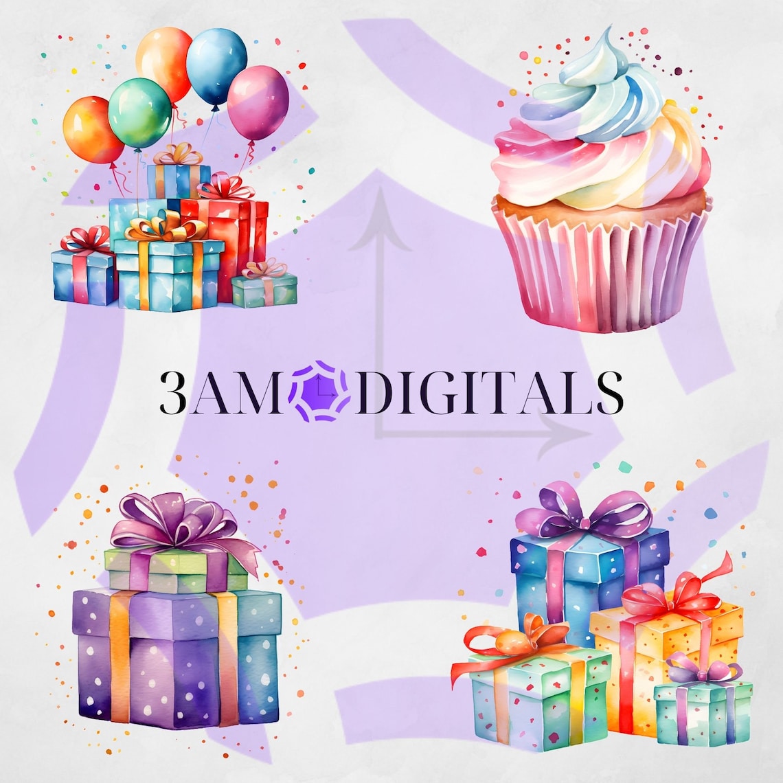 Watercolor Birthday Party Clipart Vol. 1 Bundle of 20 Balloons Cake ...