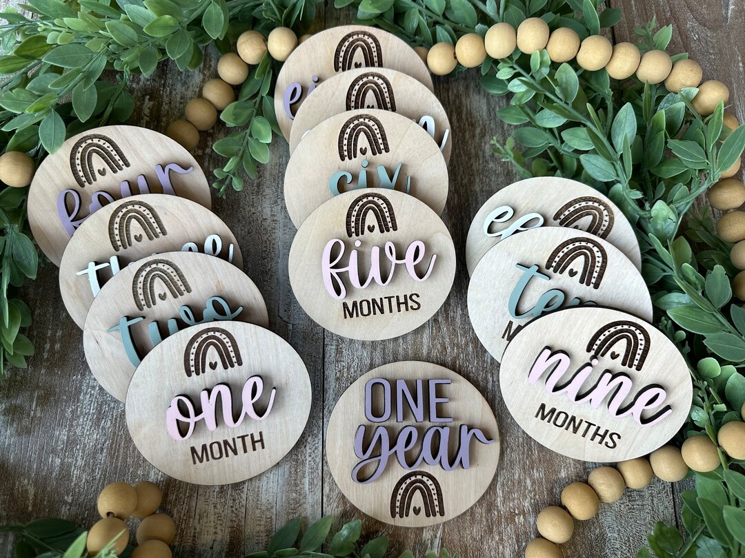 Wooden 3D Monthly Milestone Discs for Baby Photos | Engraved Wood ...