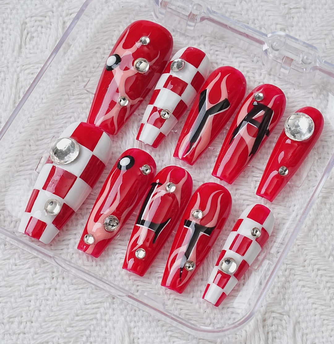 Custom Nails Red Flame Nails Handmade Checkerboard Long - Etsy