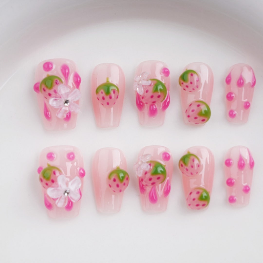 Handmade Pink Strawberry Nails, Cute Strawberry and White Flower Nalis ...