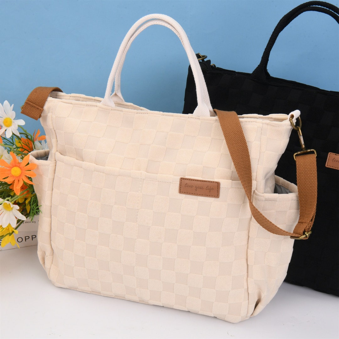 Multi-pocket Tote Bag, Checkerboard Shoulder Bag, Cross-body Casual ...