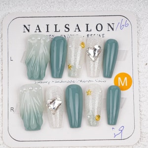 Handmade Shell Ocean Blue Nails, Rhinestone Gray-blue Ombre Nails ...