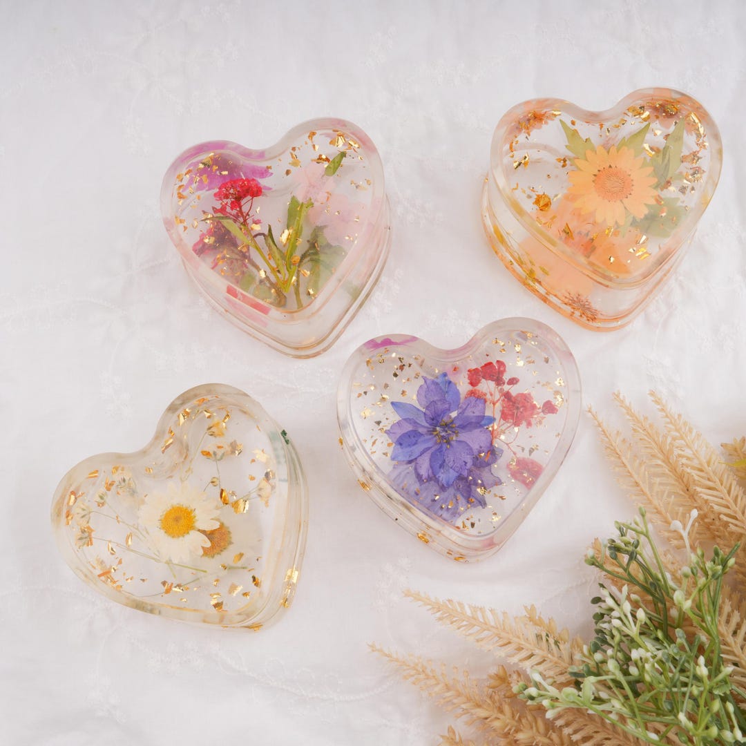Heart Flowers Jewelry Organizer With Lid, Epoxy Resin Ring Holder ...