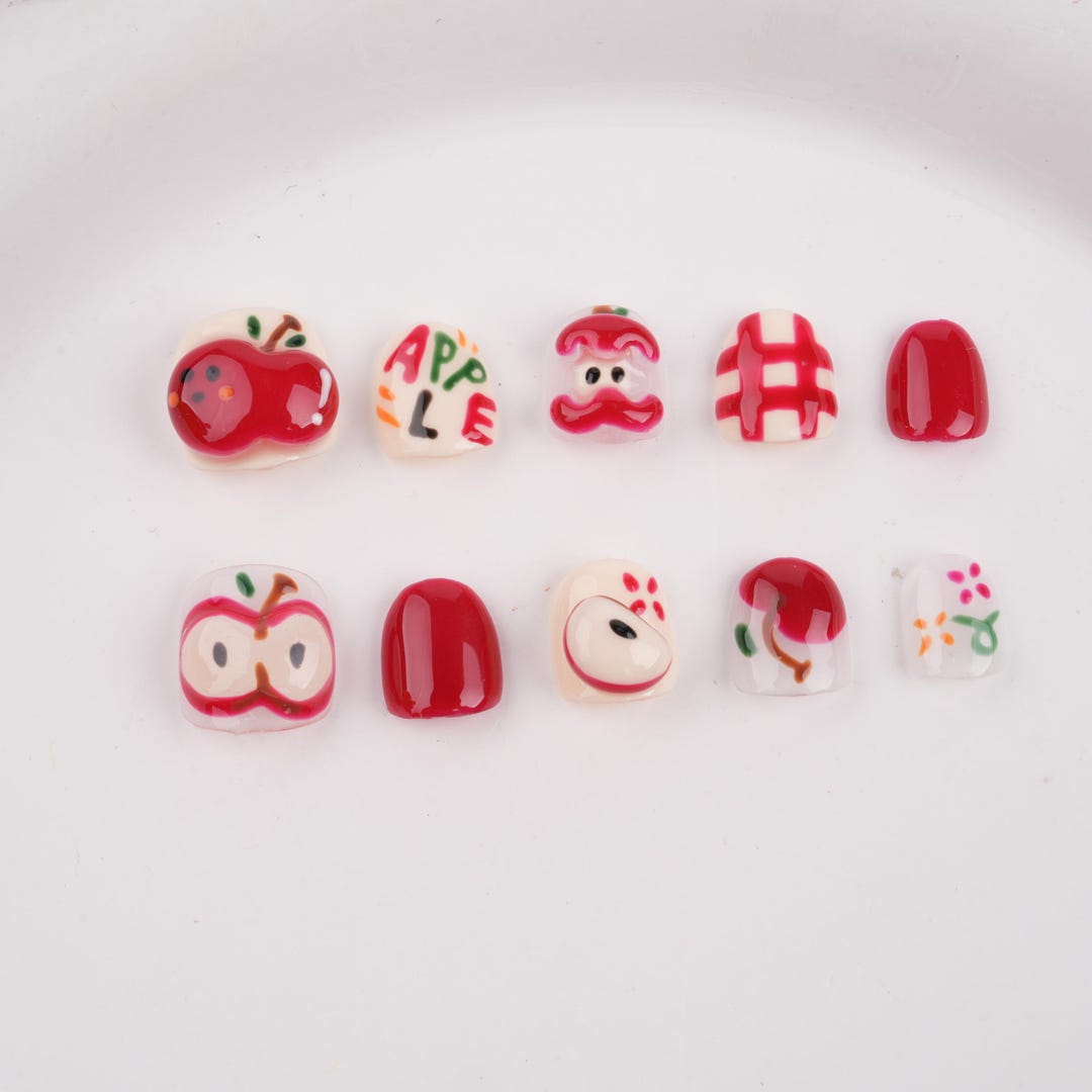 Kids Kawaii Red Apple Nails, Hand Painted Lovely Doodle Nails, Ages 3 ...