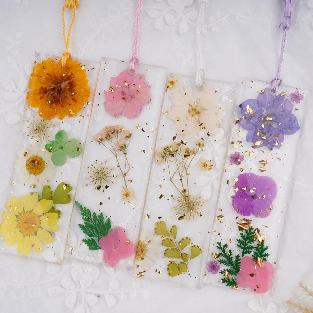 Resin Bookmark With Gold Leaf, Tassel Bookmarks, Real Flowers and ...