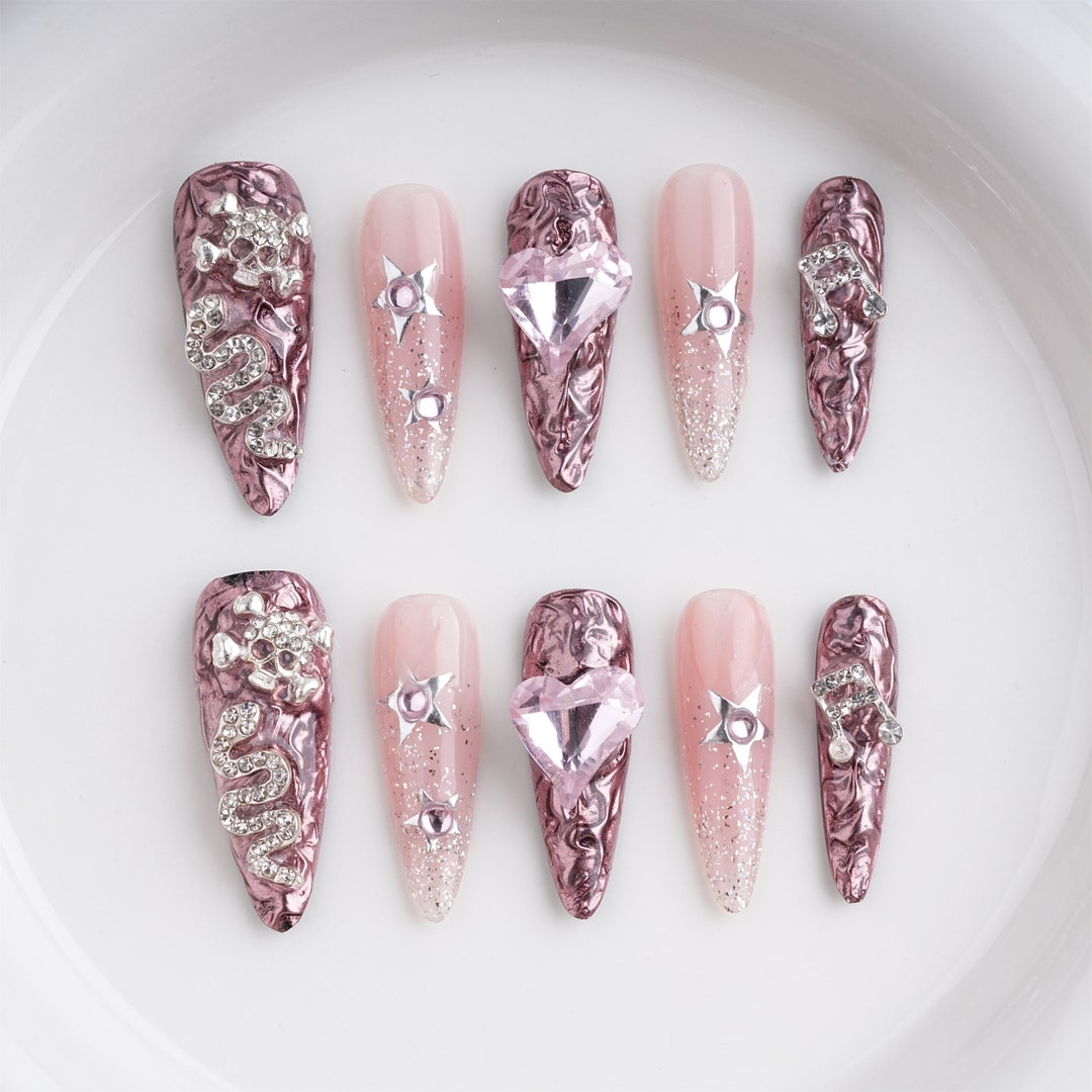 Handmade Nails, Pink Musical Note Snake and Heart Long Stiletto Nails ...