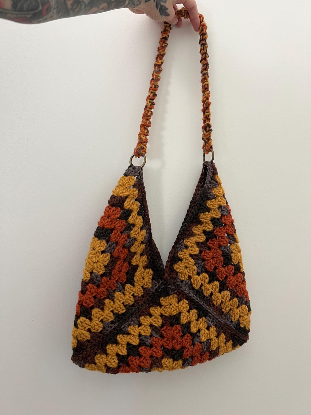Handmade Crochet Fall Retro Granny Square Shoulder Bag, Crochet Granny ...