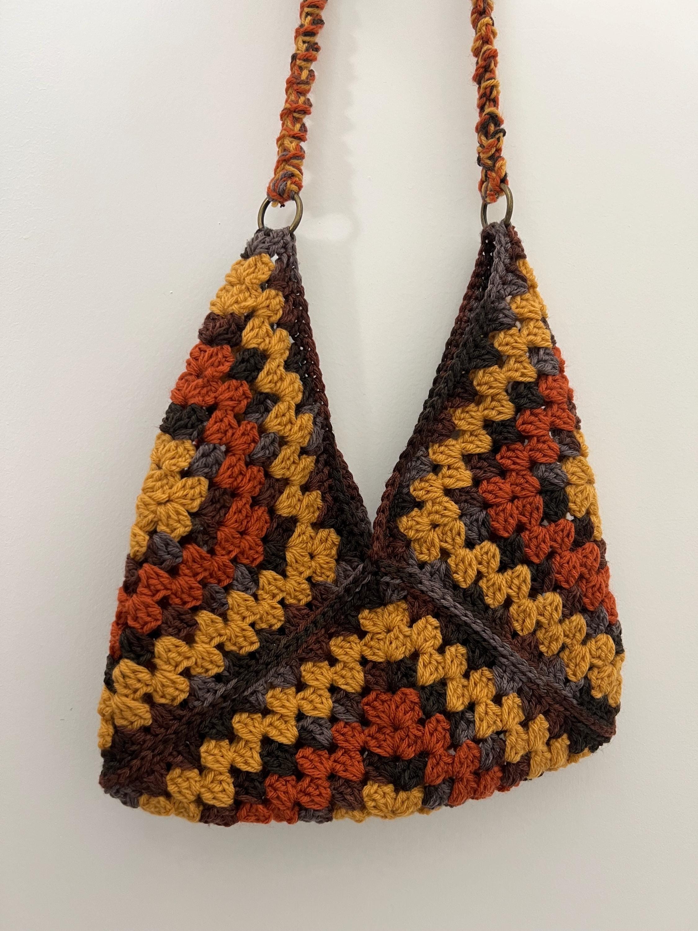 Handmade Crochet Fall Retro Granny Square Shoulder Bag, Crochet Granny ...