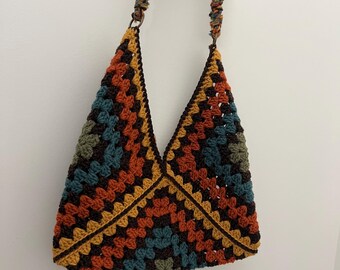 Handmade Crochet Fall Retro Granny Square Shoulder Bag, Crochet Granny ...