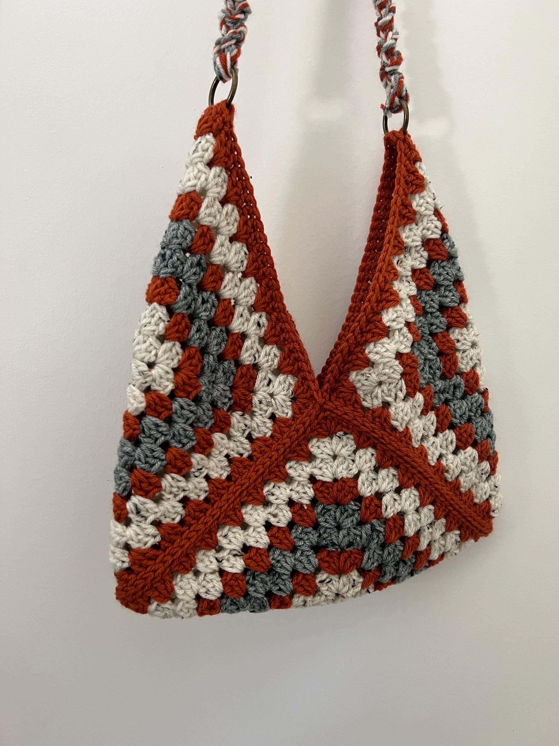 Handmade Crochet Fall Retro Granny Square Shoulder Bag, Crochet Granny ...