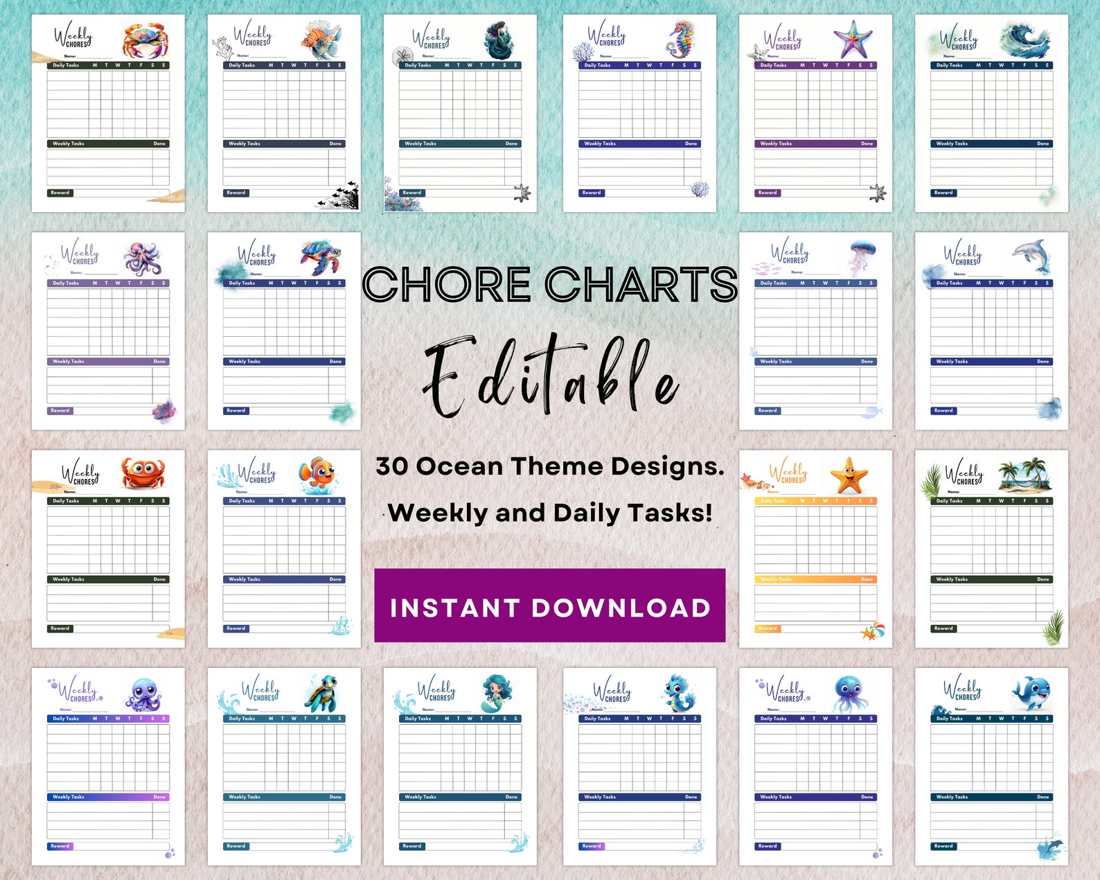 Editable Kids Chore Chart Printable, Ocean Themed Chore Charts, Kids ...