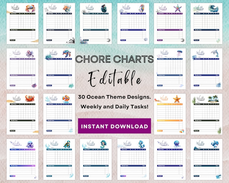 Editable Kids Chore Chart Printable, Ocean Themed Chore Charts, Kids ...