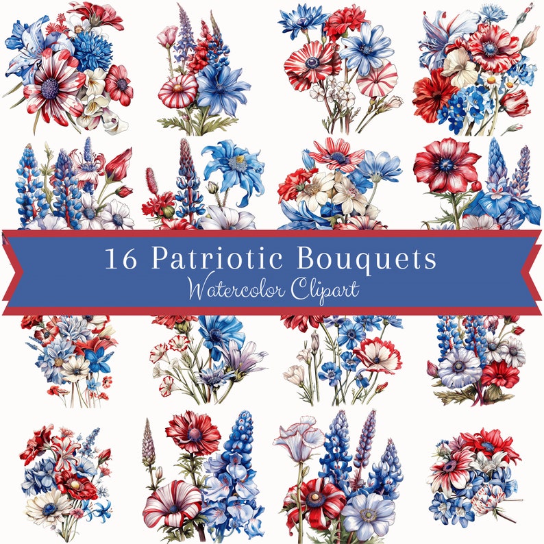 4th of July Flower Clipart Patriotic Flower Clipart Bundle 57 High ...