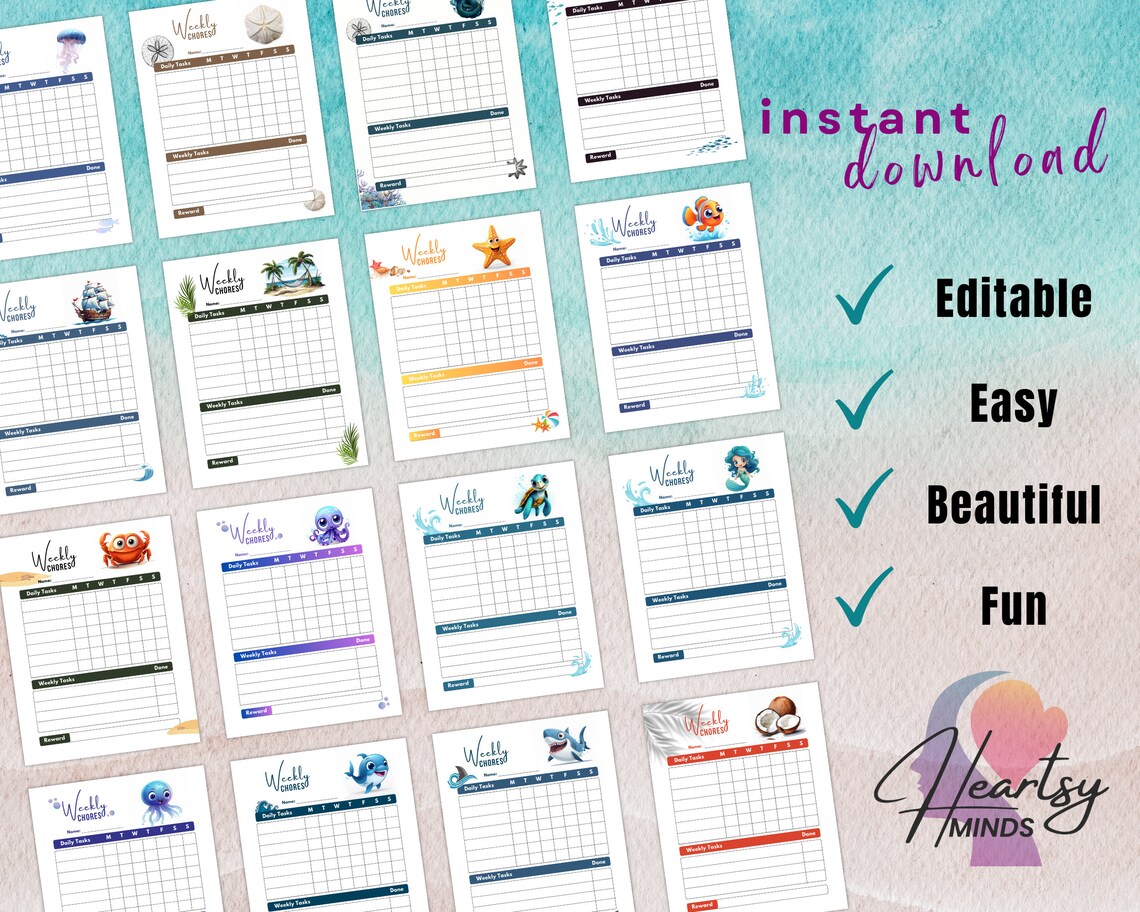 Editable Kids Chore Chart Printable, Ocean Themed Chore Charts, Kids ...