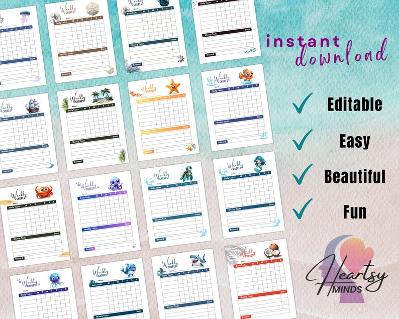 Editable Kids Chore Chart Printable, Ocean Themed Chore Charts, Kids ...