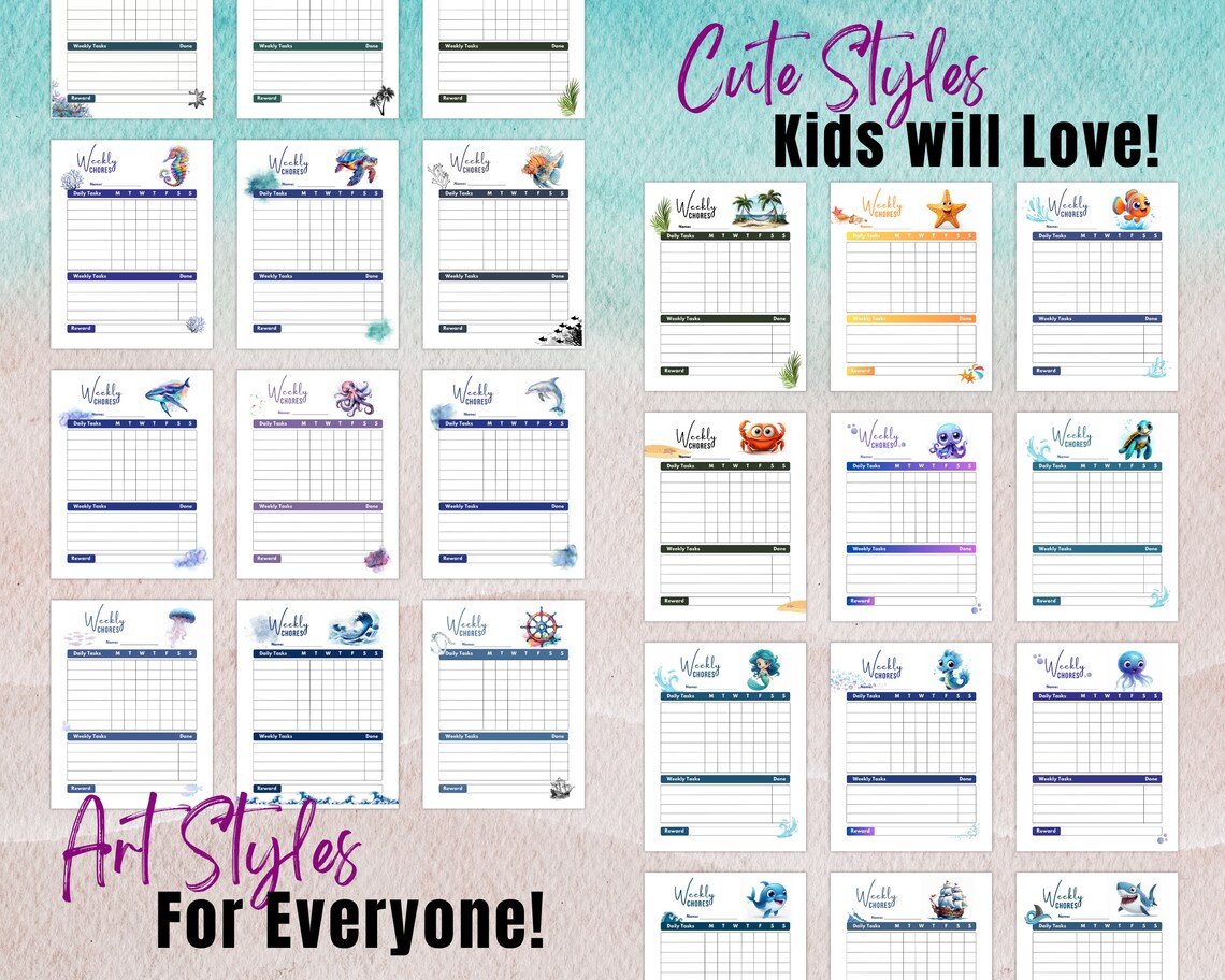 Editable Kids Chore Chart Printable, Ocean Themed Chore Charts, Kids ...