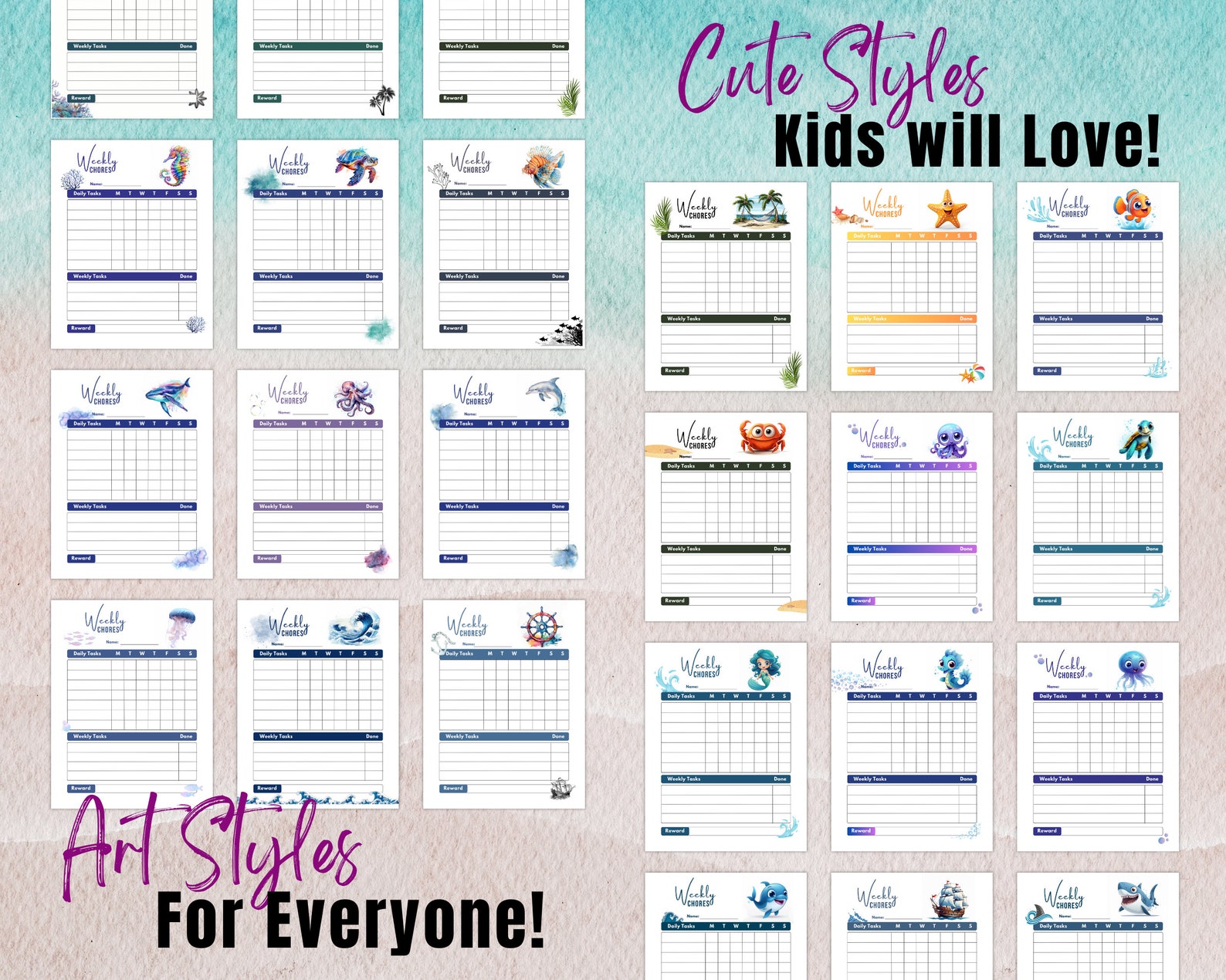 Editable Kids Chore Chart Printable, Ocean Themed Chore Charts, Kids ...