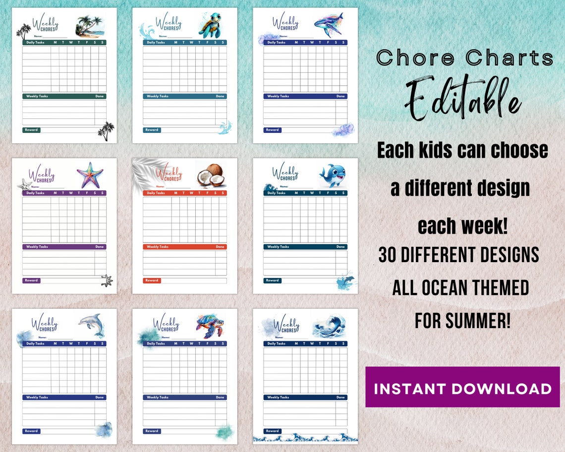 Editable Kids Chore Chart Printable, Ocean Themed Chore Charts, Kids ...
