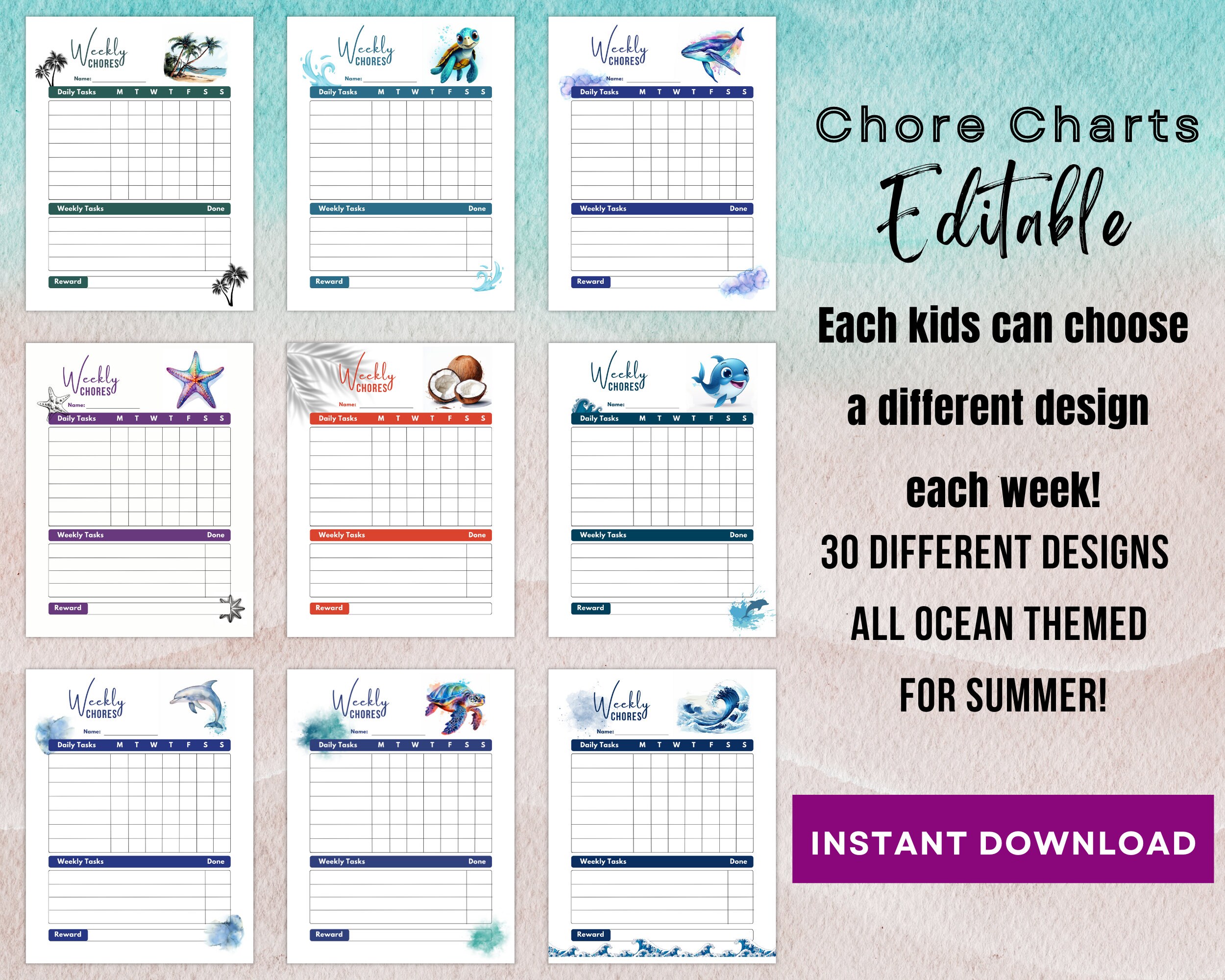 Editable Kids Chore Chart Printable, Ocean Themed Chore Charts, Kids ...