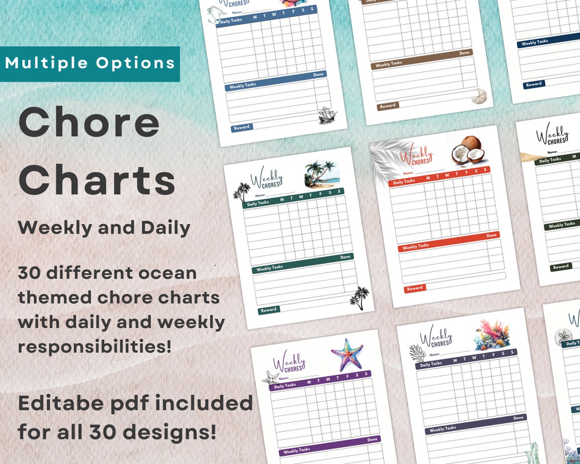 Editable Kids Chore Chart Printable, Ocean Themed Chore Charts, Kids ...