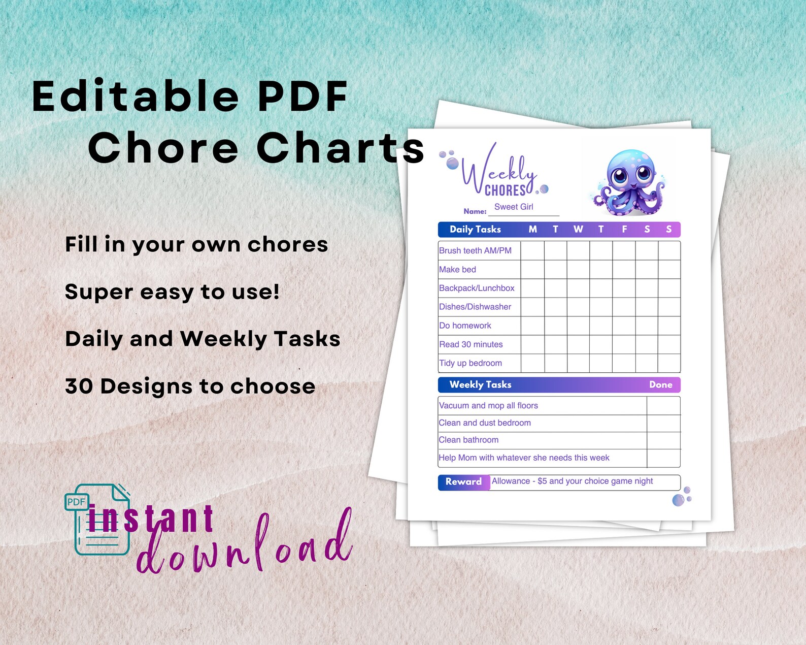 Editable Kids Chore Chart Printable, Ocean Themed Chore Charts, Kids ...