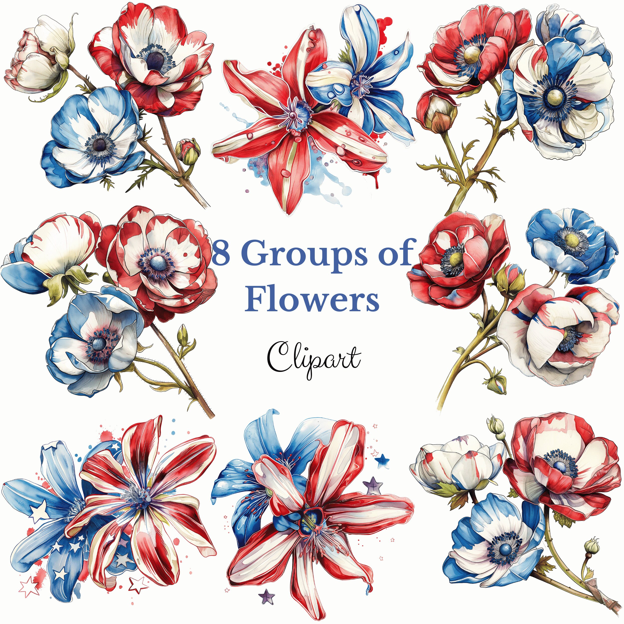 4th of July Flower Clipart Patriotic Flower Clipart Bundle 57 High ...