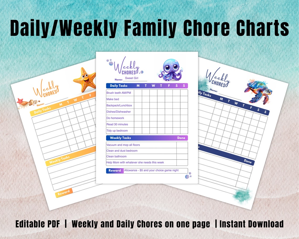Editable Kids Chore Chart Printable, Ocean Themed Chore Charts, Kids ...