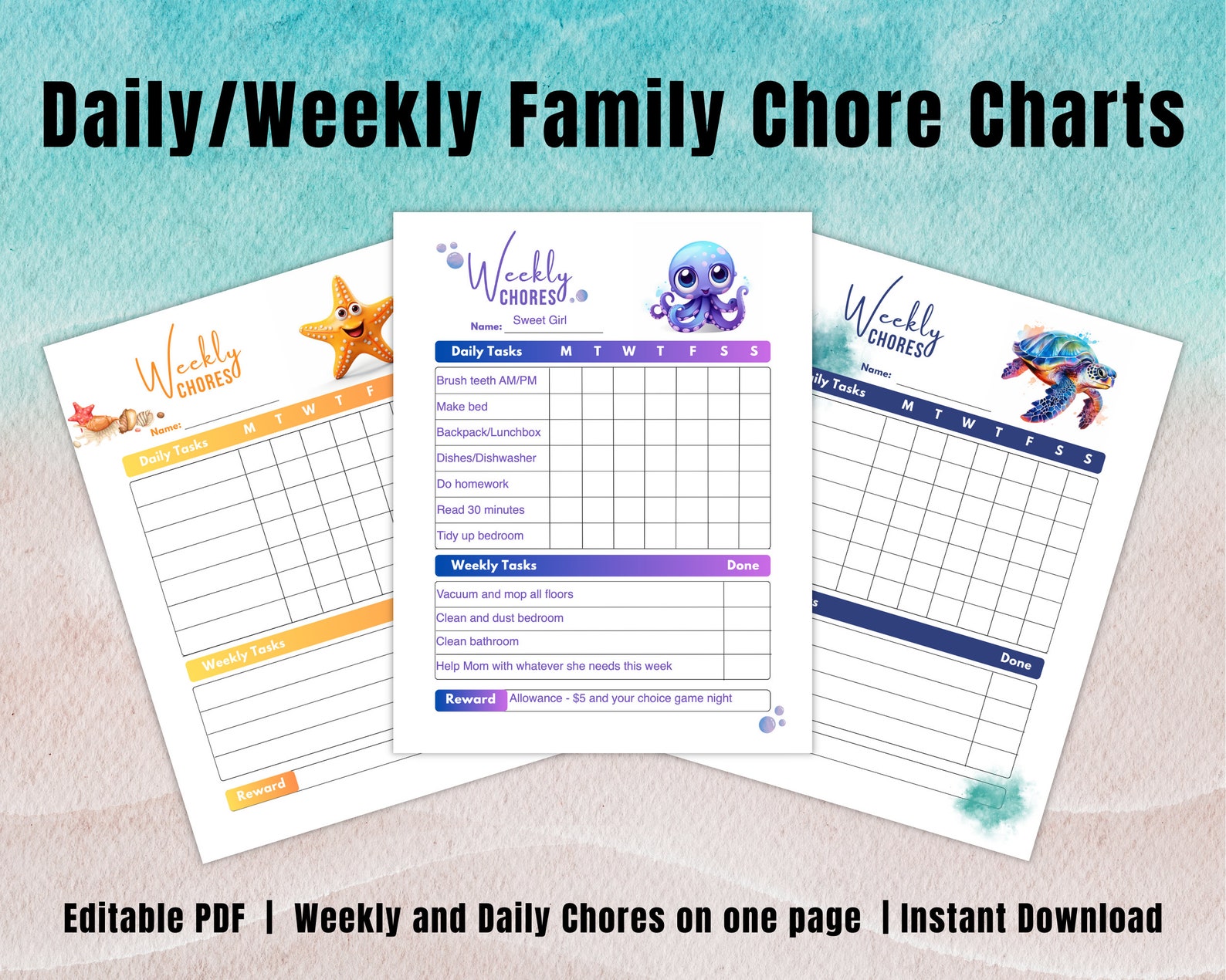 Editable Kids Chore Chart Printable, Ocean Themed Chore Charts, Kids ...