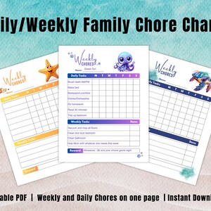 Editable Kids Chore Chart Printable, Ocean Themed Chore Charts, Kids ...