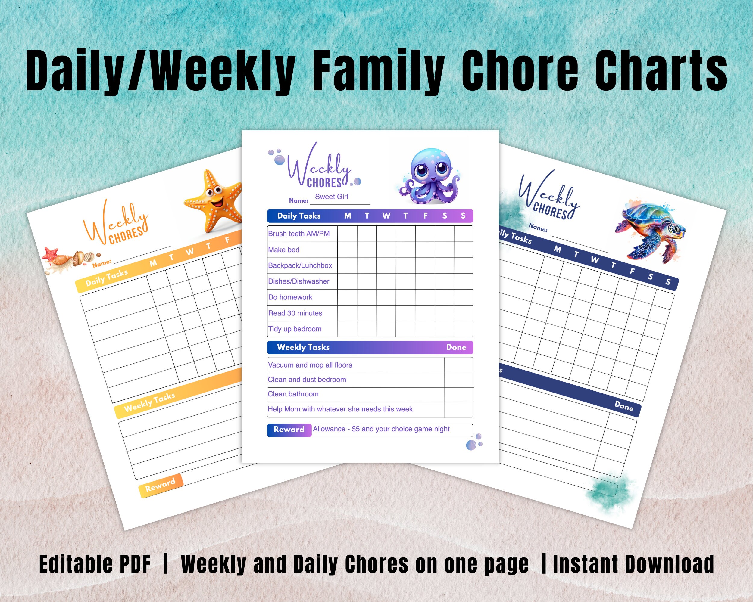 Editable Kids Chore Chart Printable, Ocean Themed Chore Charts, Kids ...