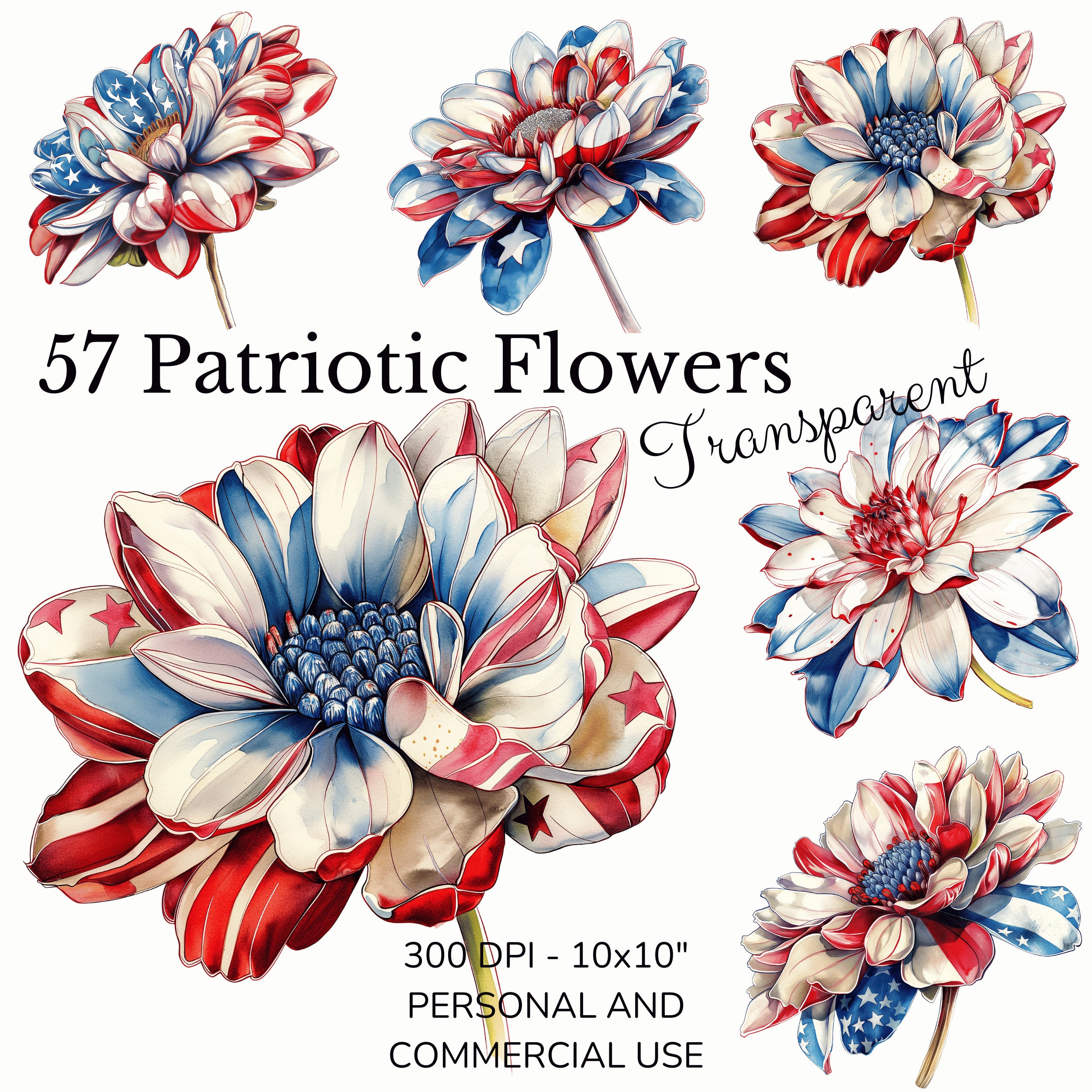 4th of July Flower Clipart Patriotic Flower Clipart Bundle 57 High ...