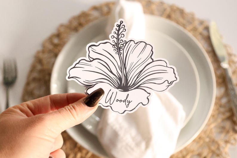 Personalized Hibiscus Place Cards: Tropical Dinner, Wedding, Hawaiian ...