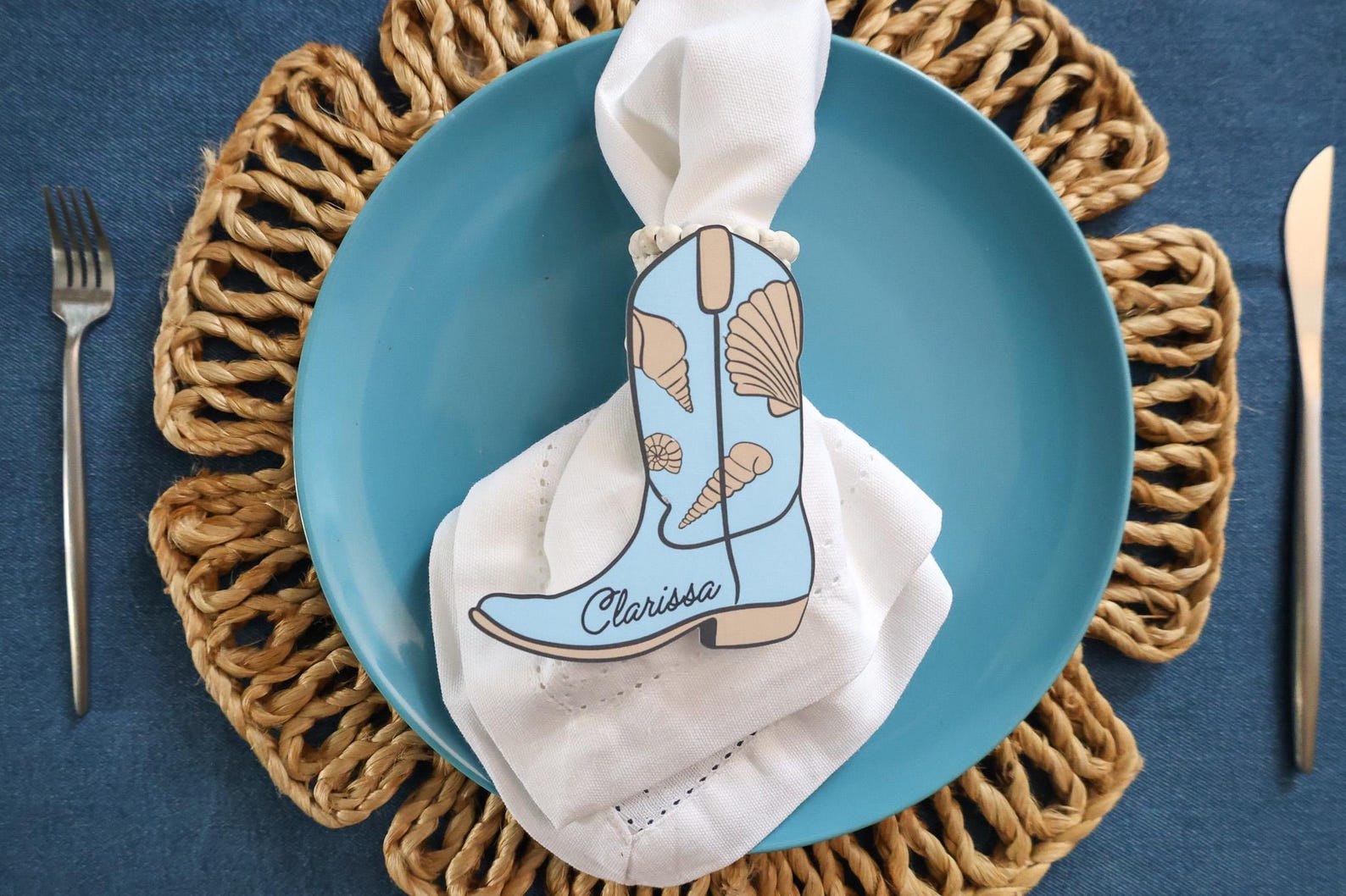 Coastal Cowgirl Boot Place Cards: Seashell Western Wedding Name Cards ...