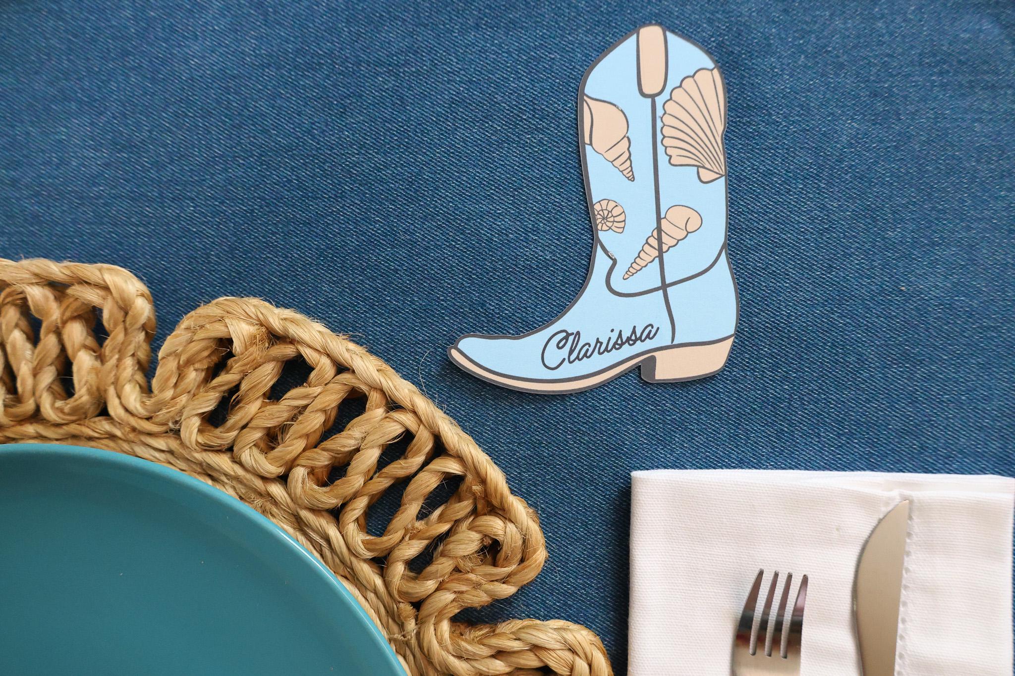 Coastal Cowgirl Boot Place Cards: Seashell Western Wedding Name Cards ...