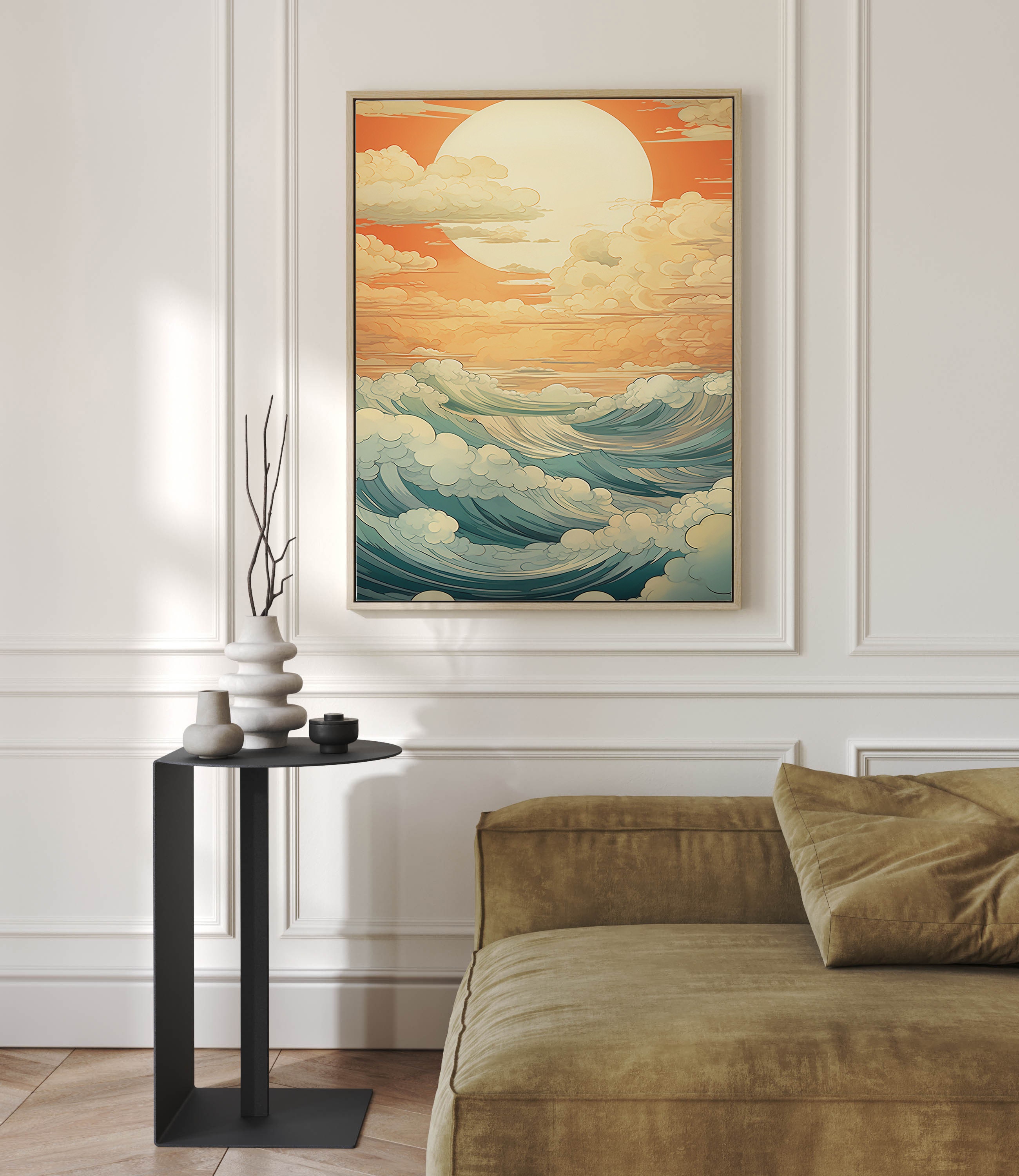 Japandi Wall Art Print Vintage Japanese Ocean Waves and Sun Painting ...