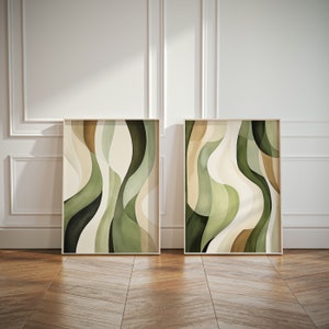 Japandi Wall Art Print - Set of 2 Wavy Sage Green Earth Tones Textured ...