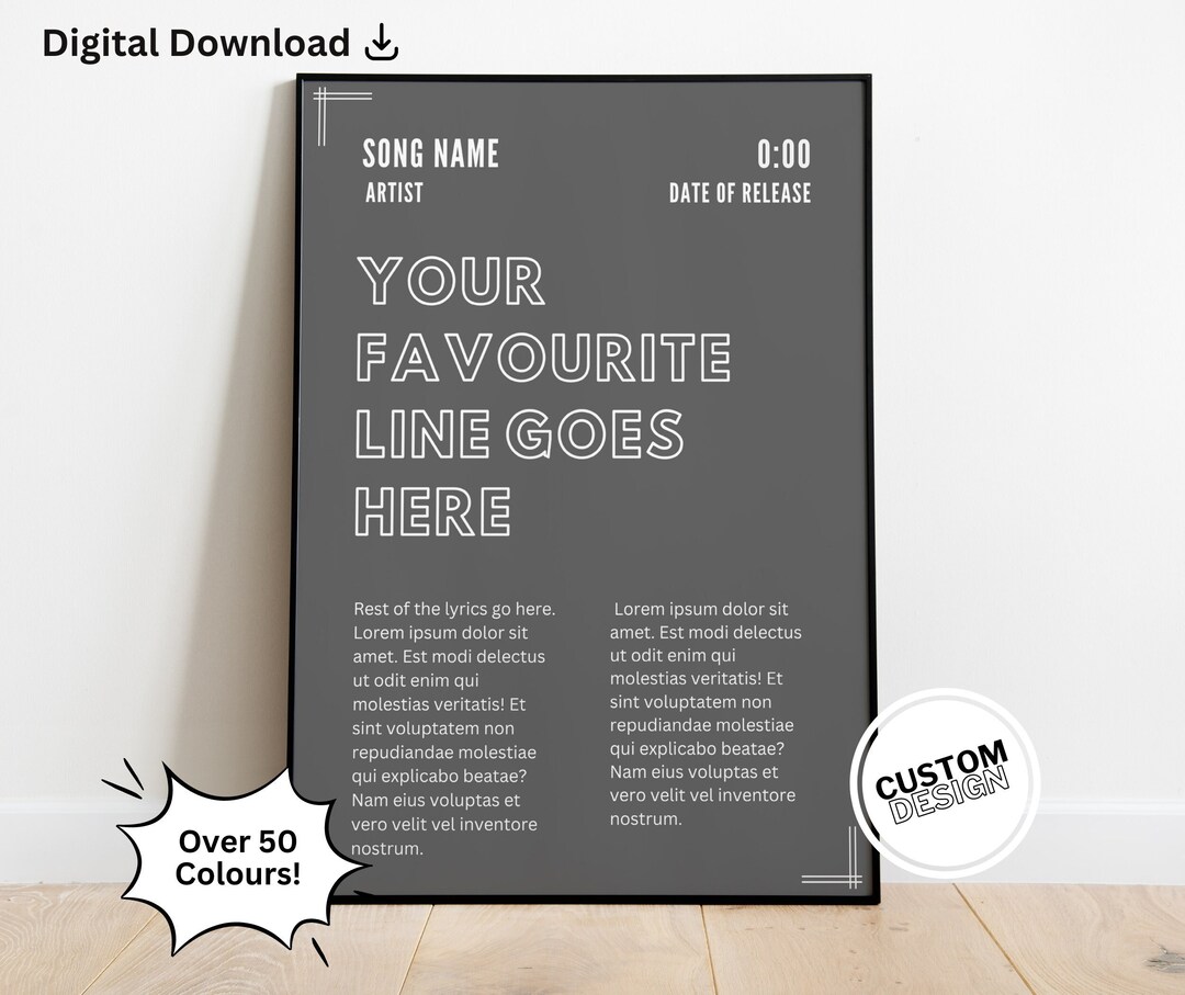 Custom Lyric Poster Digital Download Song Lyric Poster - Etsy