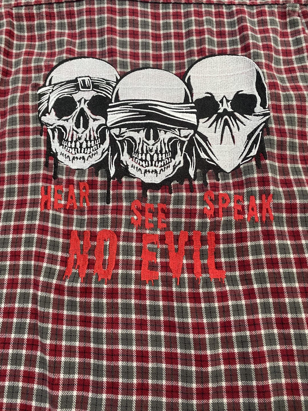 Upcycled Flannel, SKULLS , Embroidery, Simple, One of a Kind, No Evil ...