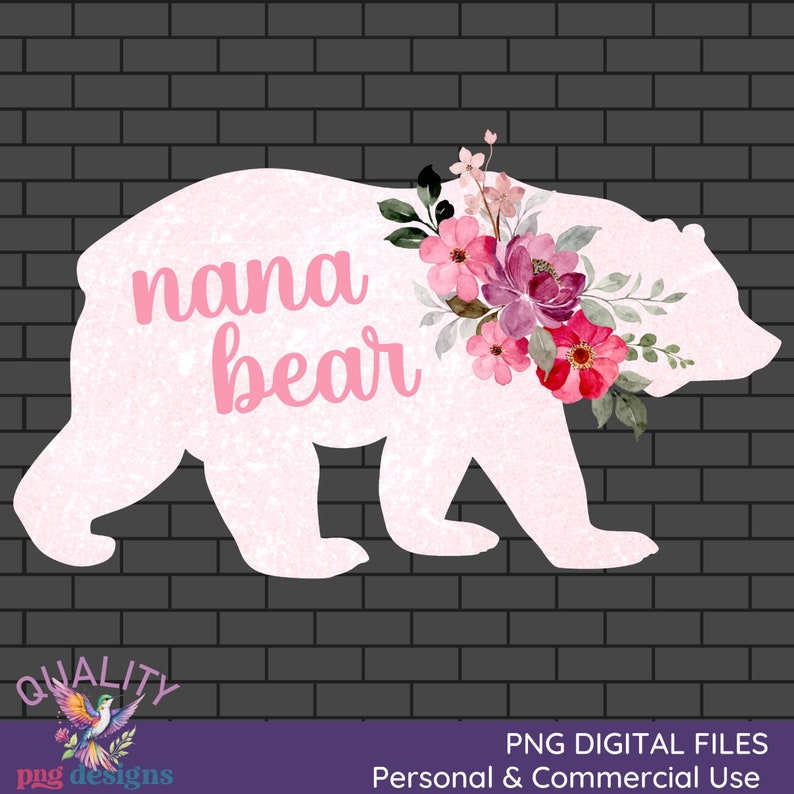 Nana Bear PNG | Nana Bear Digital Download | Vintage Watercolor Floral ...