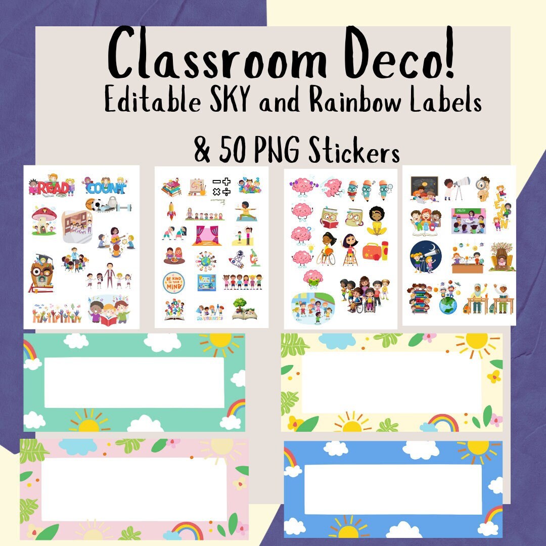 SKY and RAINBOW Editable Classroom Label Templates & 50 PNG - Etsy